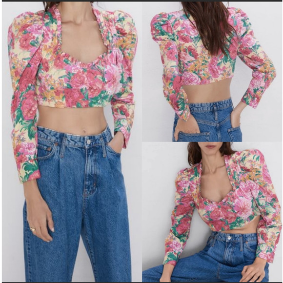 Zara Tops Zara Puff Sleeve Floral Crop Top Poshmark